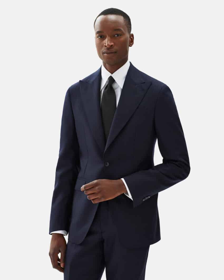 Custom Made 'Armour Drape' Suit dark blue herringbone wool